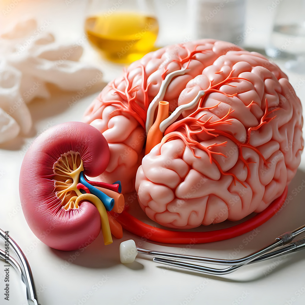 Realistic human brain and kidneys models connected by bilateral arrows ...