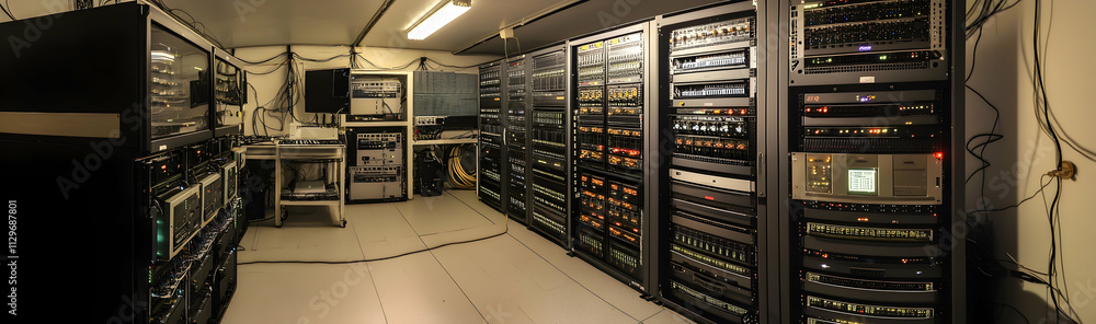 Modern server room with large servers, wires, and buttons, illustrating ...