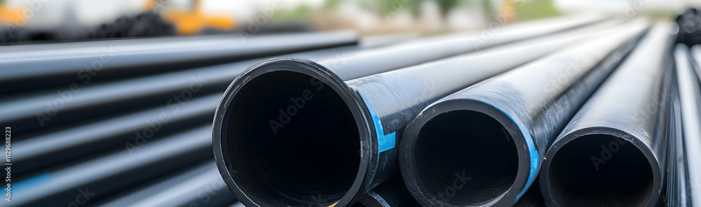 PE pipe plant with piles of industrial pipes for gas and water ...