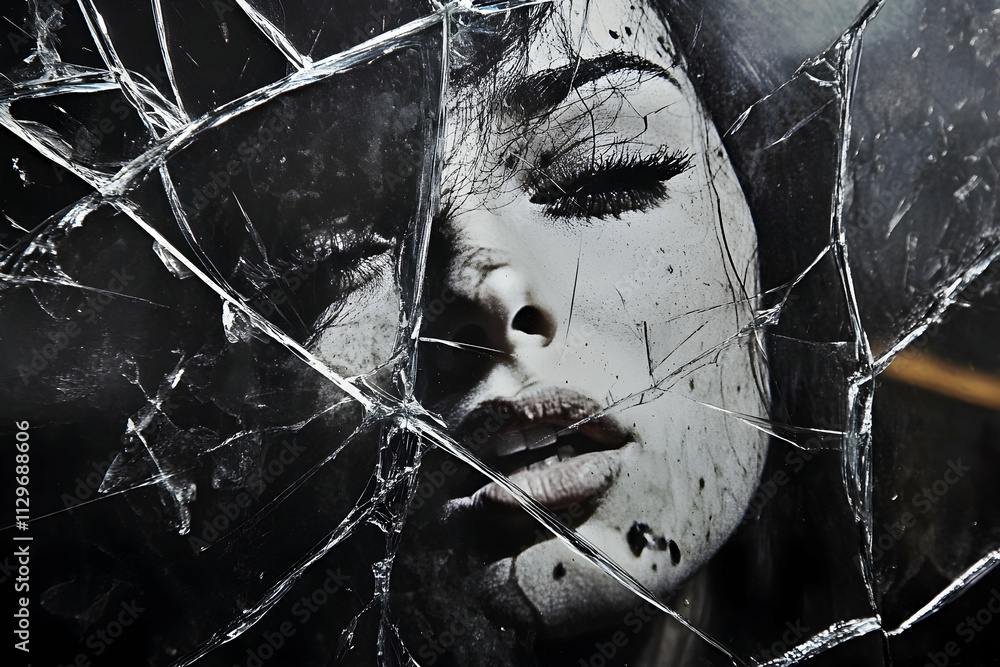 Reflection of a distressed womana??s face in shattered glass ...