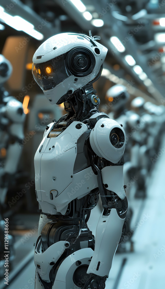 Robots working together on a car assembly line in a highly automated ...