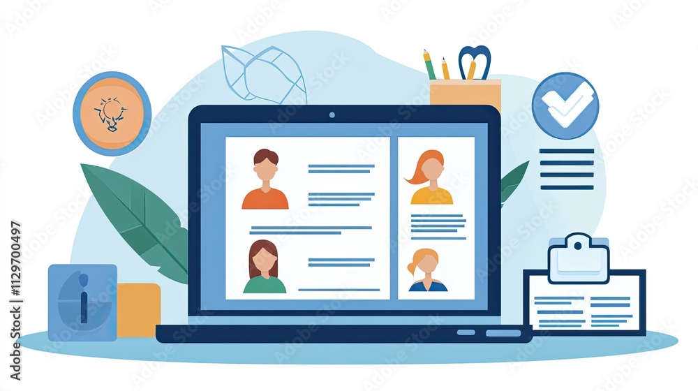 Laptop screen displays four candidate profiles for job recruitment ...