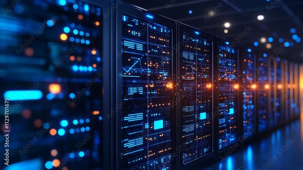 Illuminated server room with multiple racks displaying data. Stock Illustration | Adobe Stock