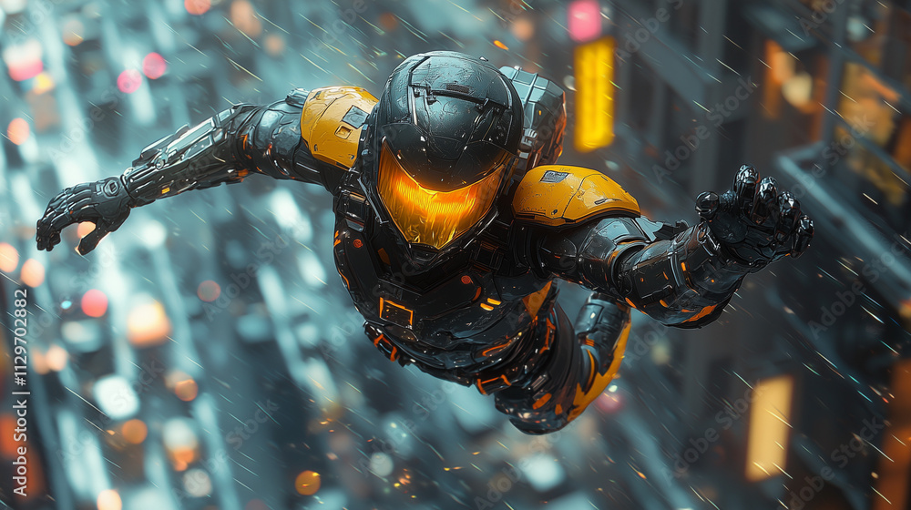 urban avenger, agile black and orange mech suit soars through neon-lit ...