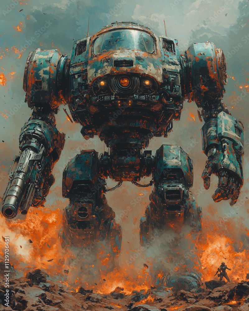 mechanized colossus stands amid explosions, its firepower on full ...