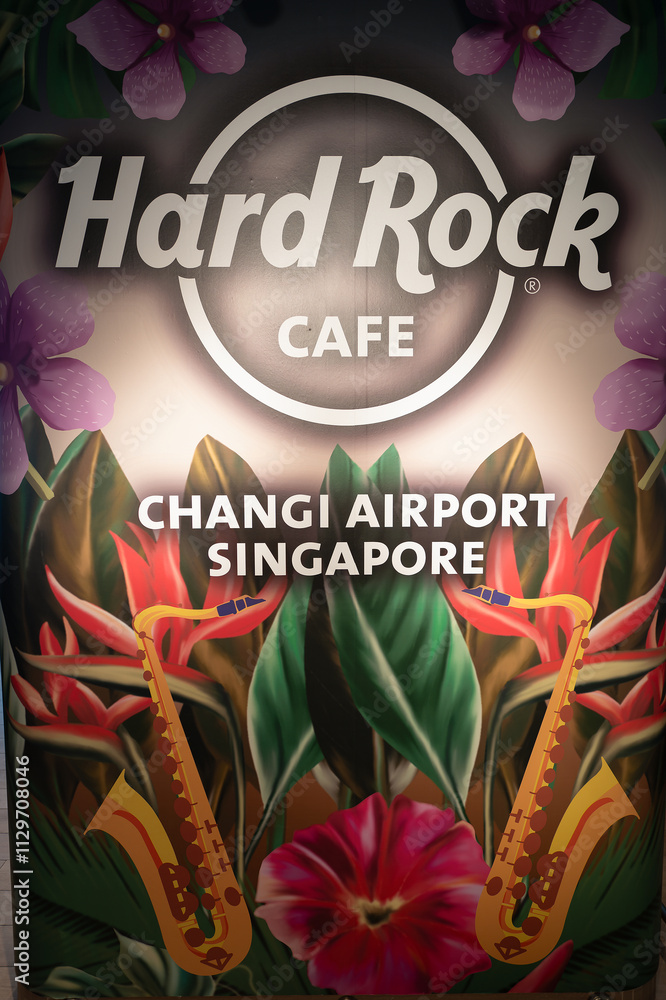 SINGAPORE - AUGUST 25, 2024: close up shot of Hard Rock Cafe sign as ...