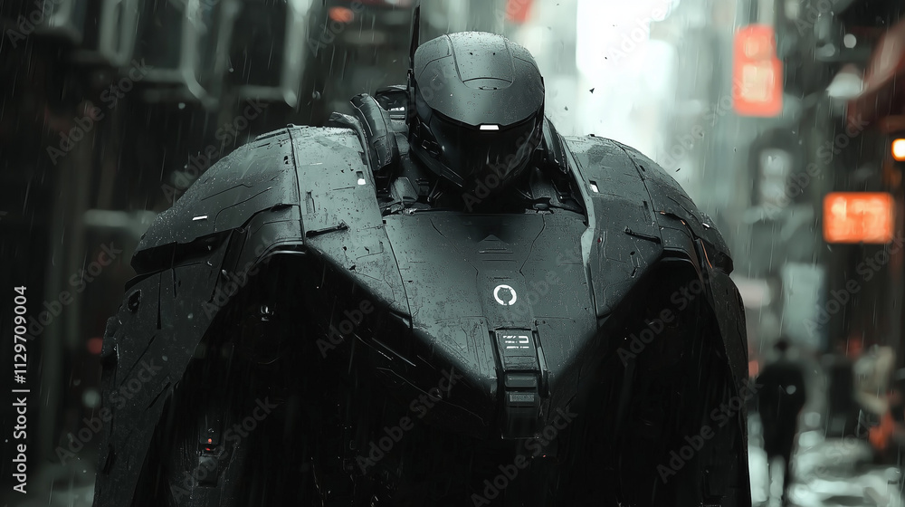 heavily armored mech suit patrolling through war-torn streets under ...