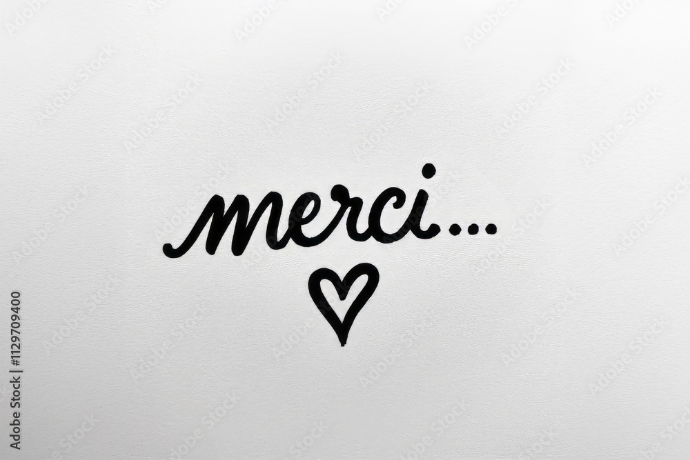 hand written text MERCI and hand-drawn heart symbol is centered on a ...