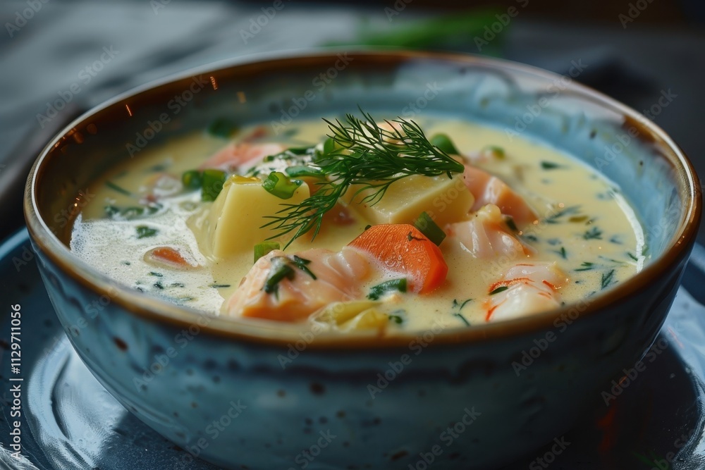 Creamy Norwegian fish soup with haddock cod and veggies Stock Photo ...
