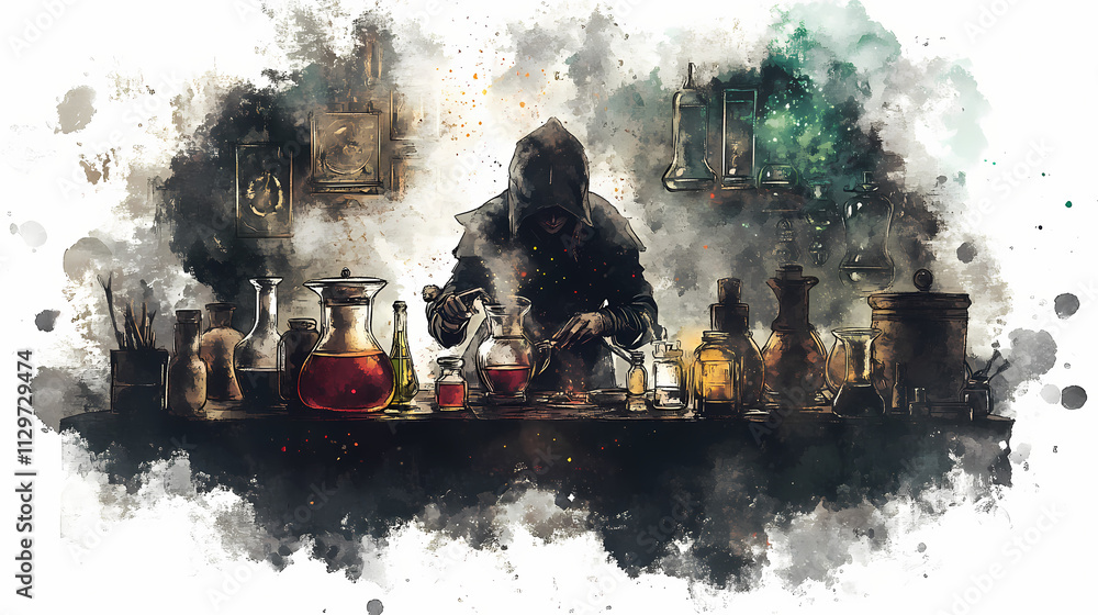 Ilustração Mystical alchemist concocting enchanted potions surrounded ...