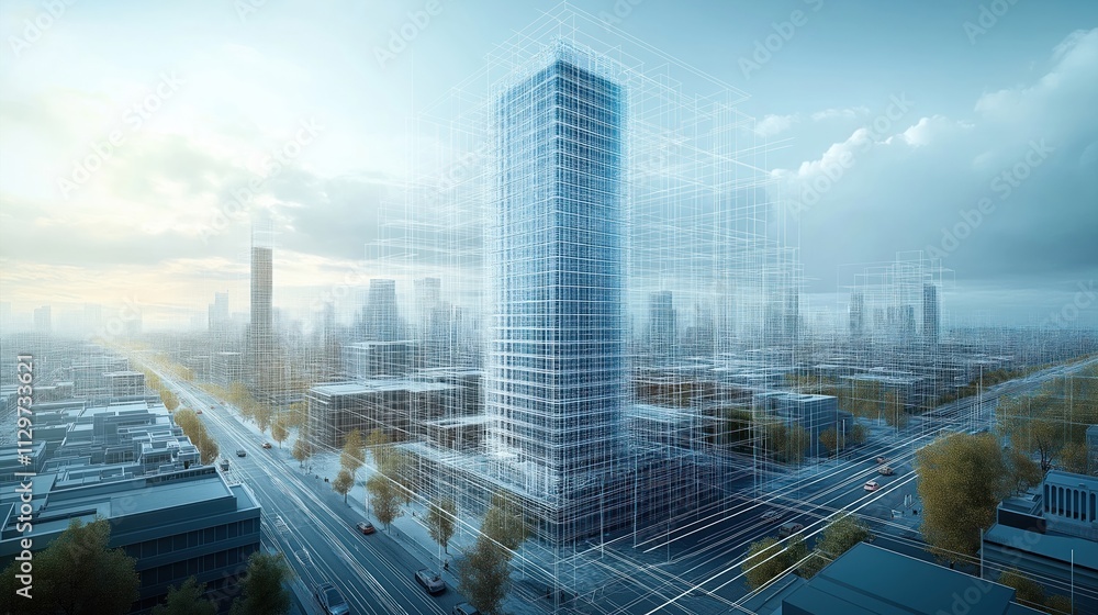 Cityscape aerial view. Futuristic building design superimposed on urban ...