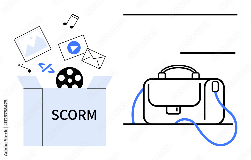 SCORM box with photos, mail, video, code, music icons and modern ...