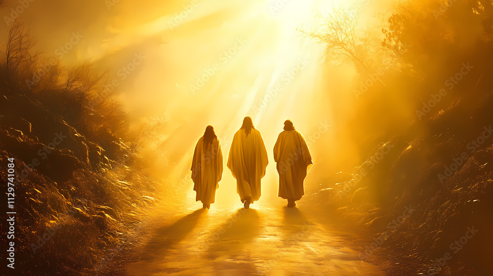 Jesus walking along the road to emmaus with two disciples, radiant ...