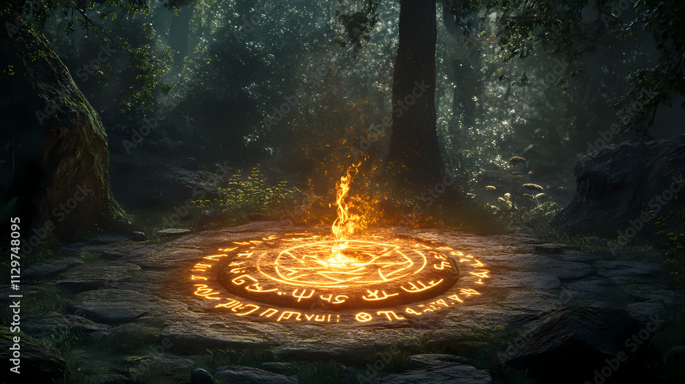 Mystical rune stone circle with glowing symbols and central fire pit in ...