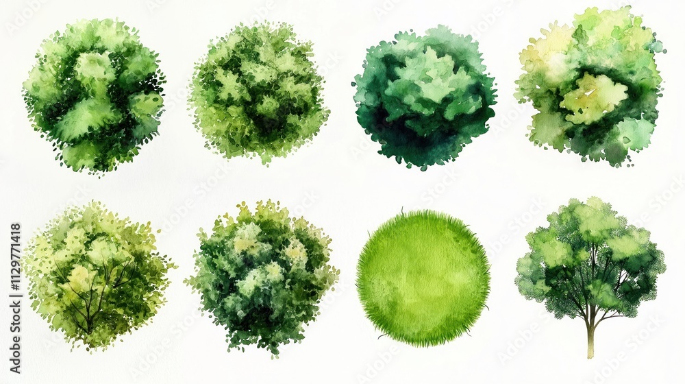 Watercolor illustrations of various trees, grass tops. Ideal for ...
