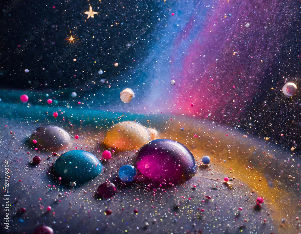Bubbles with stars and nebula behind splattered liquid paint in dynamic ...