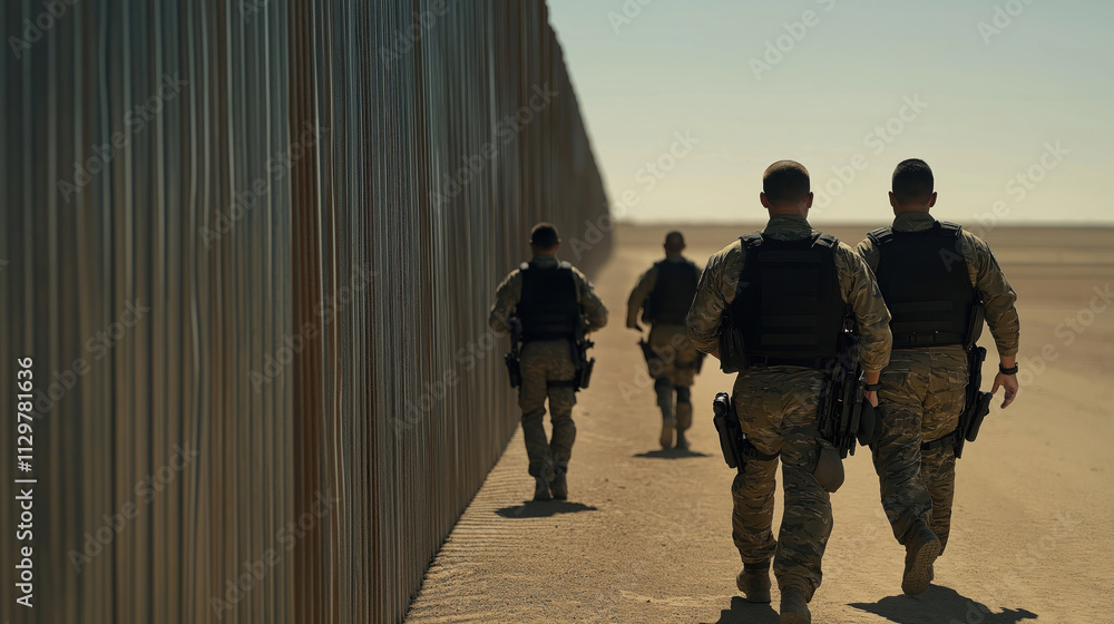 Border patrol officers patrol along corrugated metal wall. Security ...