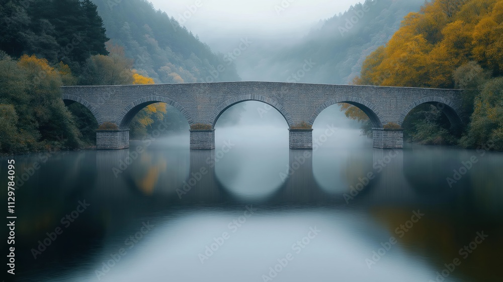 Misty morning scene shows stone bridge with arches over calm river ...