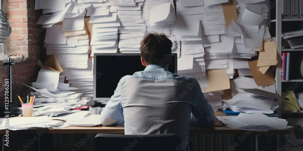Exhausted man in the office full of folders and work ,back view Stock ...