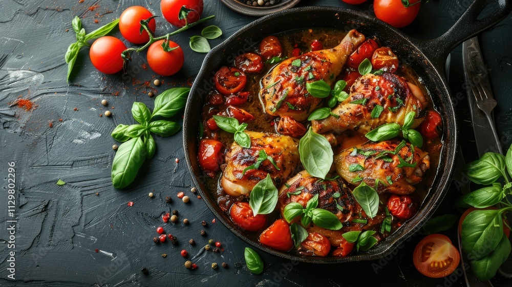 Roasted chicken legs with cherry tomatoes and basil in a cast iron ...