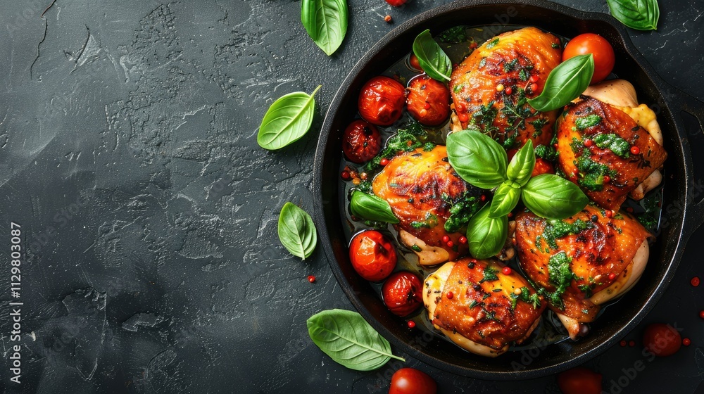 Roasted chicken thighs with cherry tomatoes and basil in a cast iron ...
