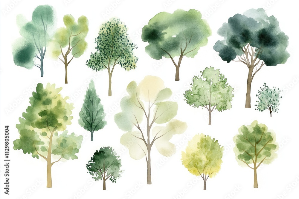 Watercolor illustration shows various trees, shrubs. Gentle organic ...