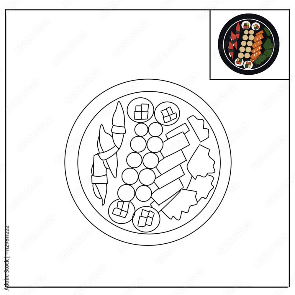Korean food coloring page vector illustration. Fast food, coloring page ...