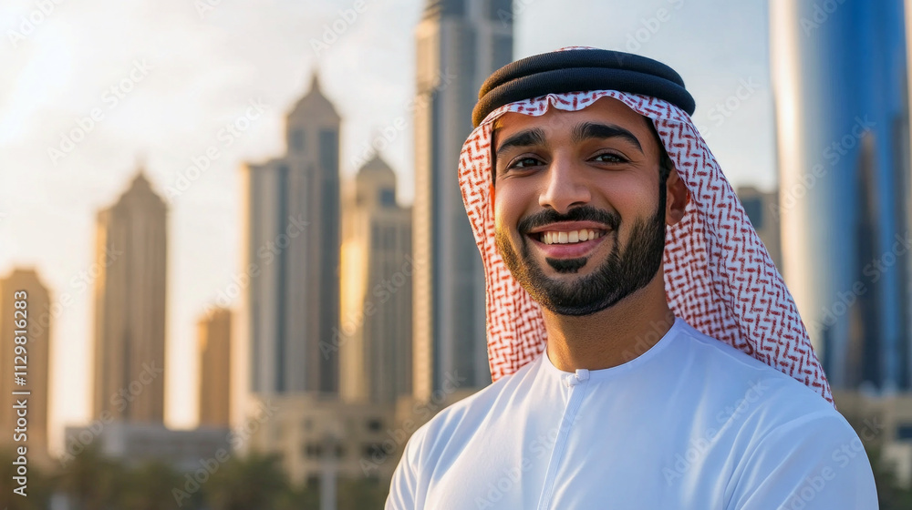 Emirati businessman smiling with dubai skyline in background and ...