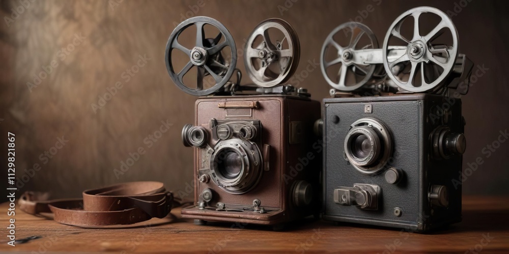Old film projector with worn-out leather straps and vintage cameras ...