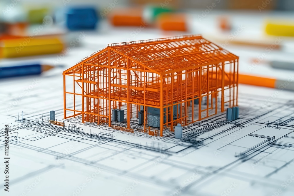 Technical drawing of steel frame for industrial building. Beam connections, load calculations ...