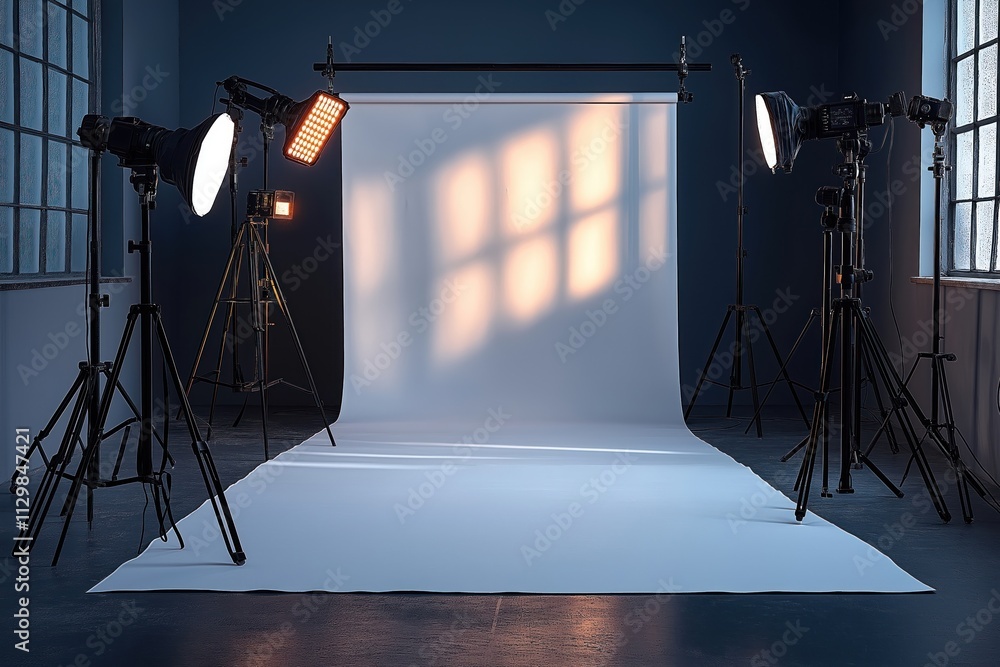 Pro photo studio setup with white seamless backdrop, professional ...