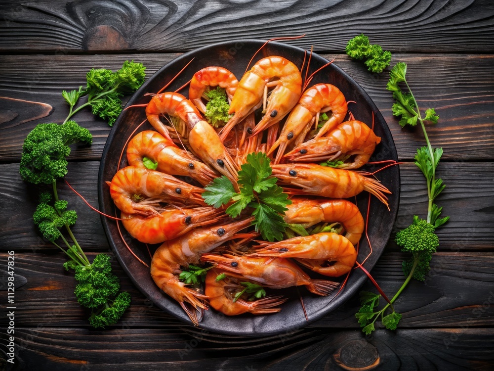 Succulent tiger prawns, overhead shot, rustic backdrop, a delectable ...