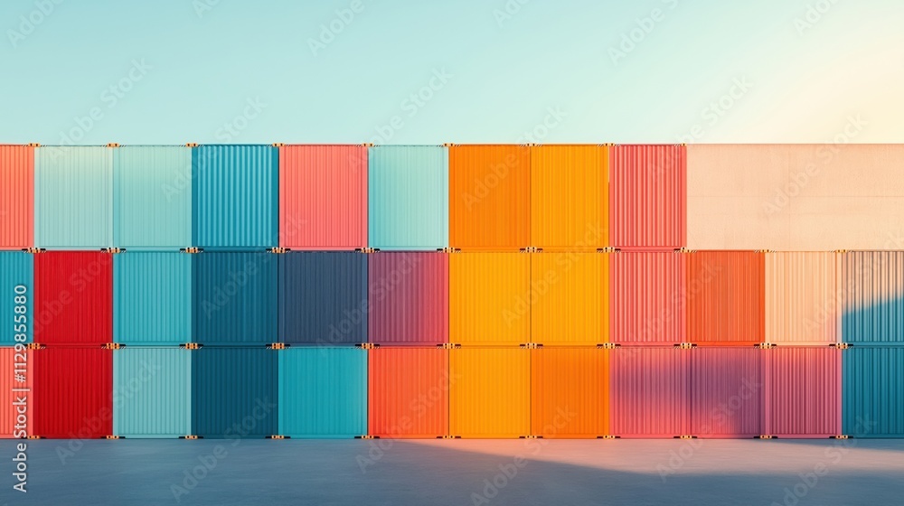 Colorful shipping containers stacked high in port at sunset. Bright ...