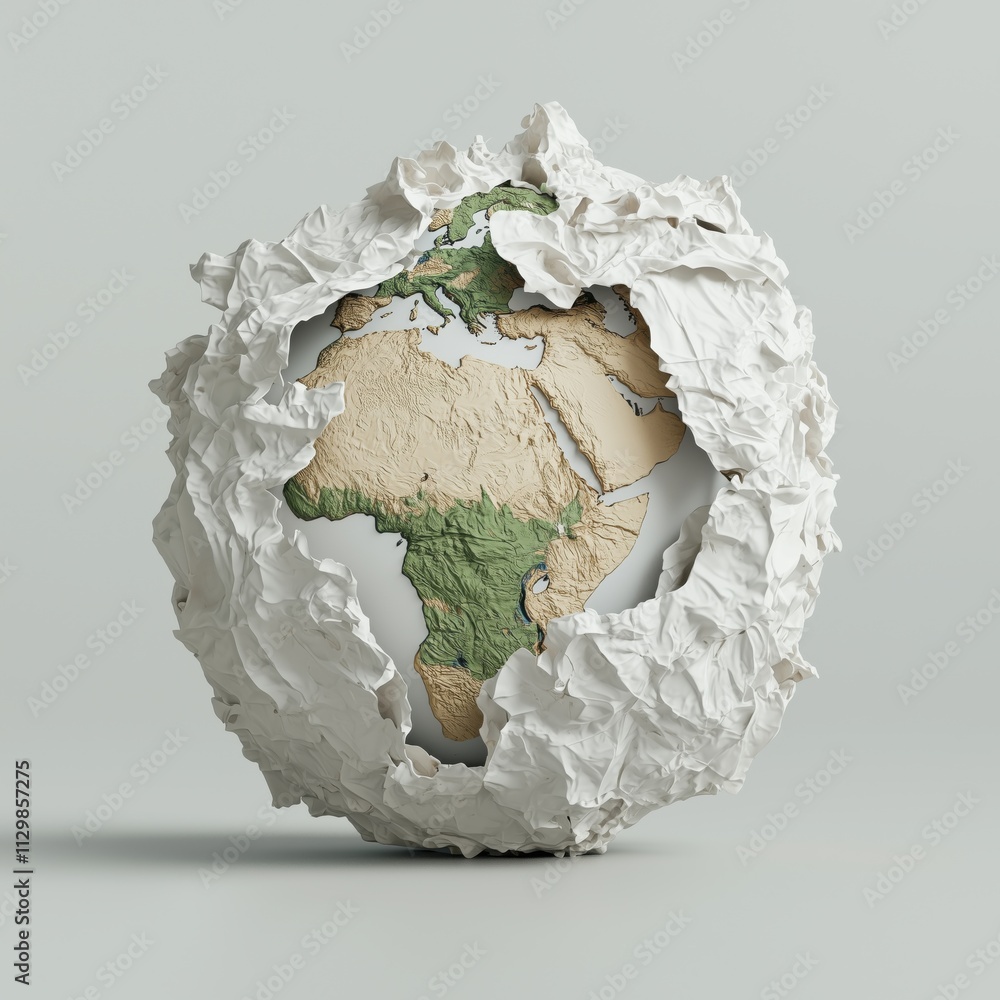 Earth with a detailed map of Africa, wrapped in crumpled white paper ...