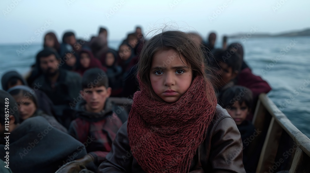 Young girl refugee sits in crowded boat. Many people crammed together ...