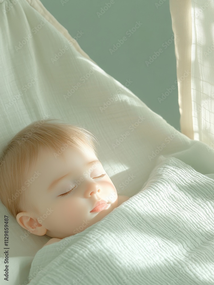 A cute baby sleeping soundly on their back in a delicate bassinet ...