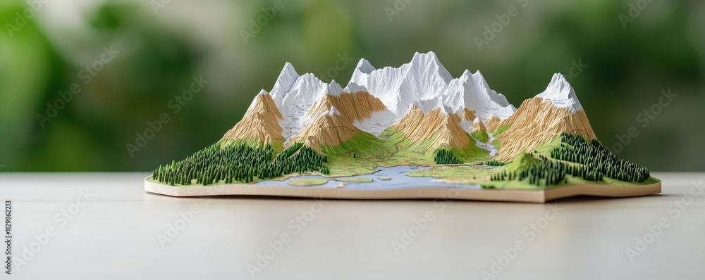 Map atlas concept. A detailed model of mountains with natural scenery ...
