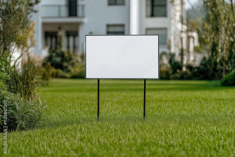 Blank yard sign stands in green lawn. Modern property mockup on ...