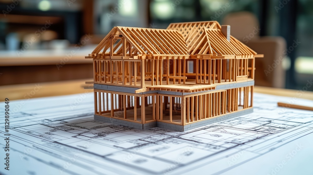 Wooden house model rests on blueprints. Building project shows framing ...