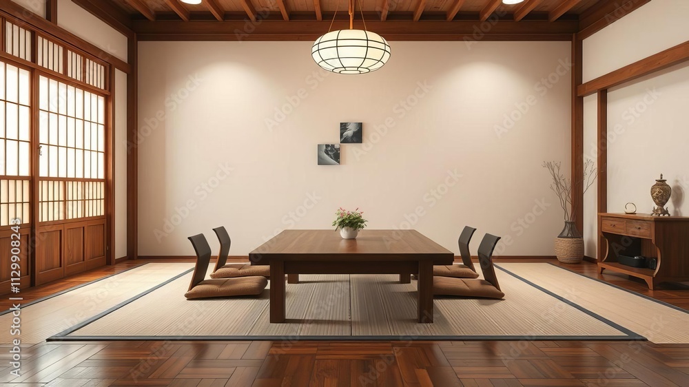 Japanese style dining table set with low chairs on traditional wooden ...