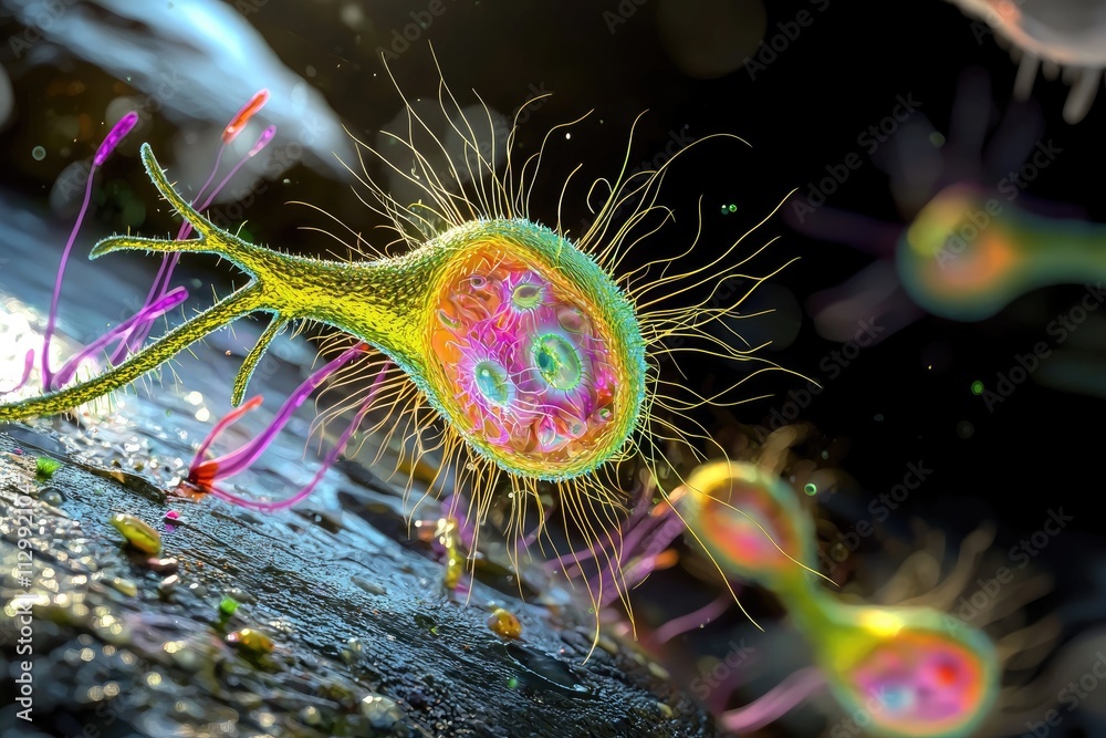 Unicellular organism: protozoan gliding across a droplet, reflecting ...
