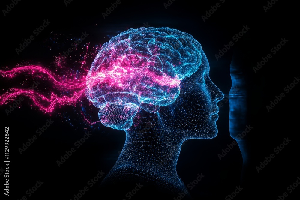 Human brain illustration with visible neurons and capillaries, glowing ...