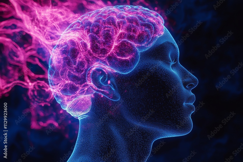 Human brain illustration with visible neurons and capillaries, glowing ...