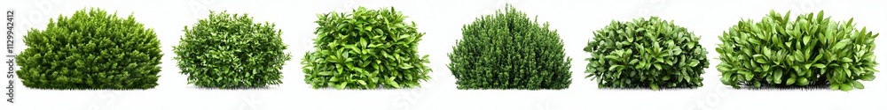 8 different types of bushes isolated on a white background, 3D rendered ...