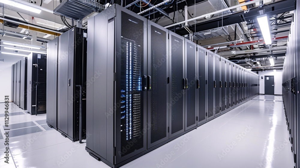 Rows of powerful server racks and cabinets in a cutting edge modern ...