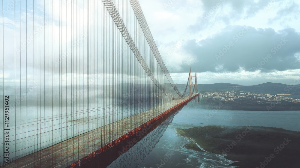 Suspension bridge structural integrity check, showing wind load impact ...