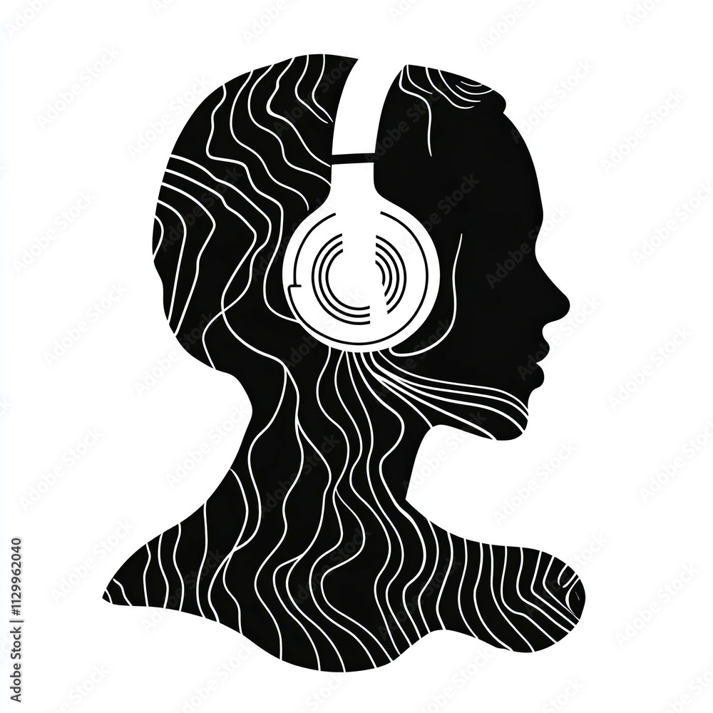 This silhouette depicts a podcast listener with headphones, featuring ...