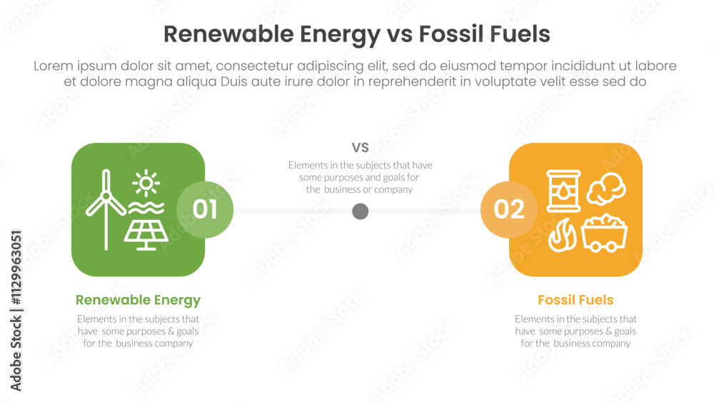 Renewable energy vs fossil fuels comparison concept for infographic template banner with round ...