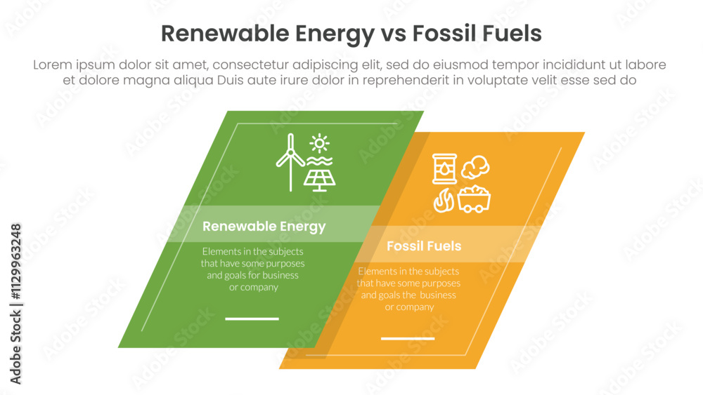 Renewable energy vs fossil fuels comparison concept for infographic template banner with skewed ...