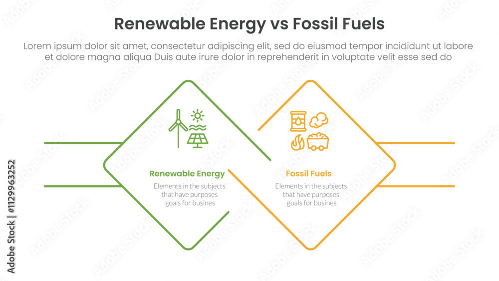 Renewable energy vs fossil fuels comparison concept for infographic template banner with diamond ...